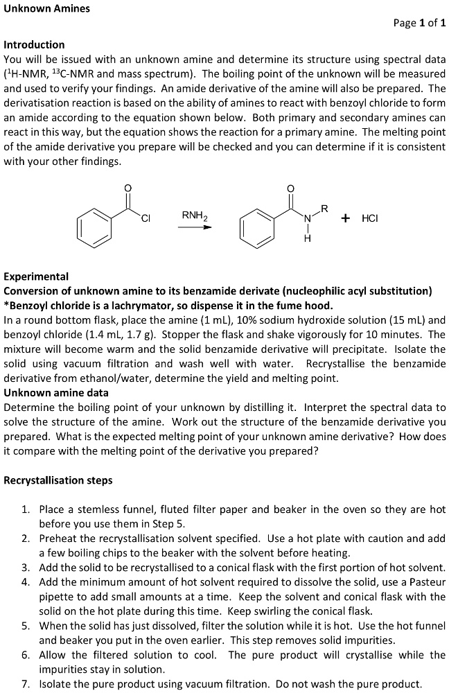 SOLVED: Unknown Amines Page 1 of Introduction You will be issued with ...