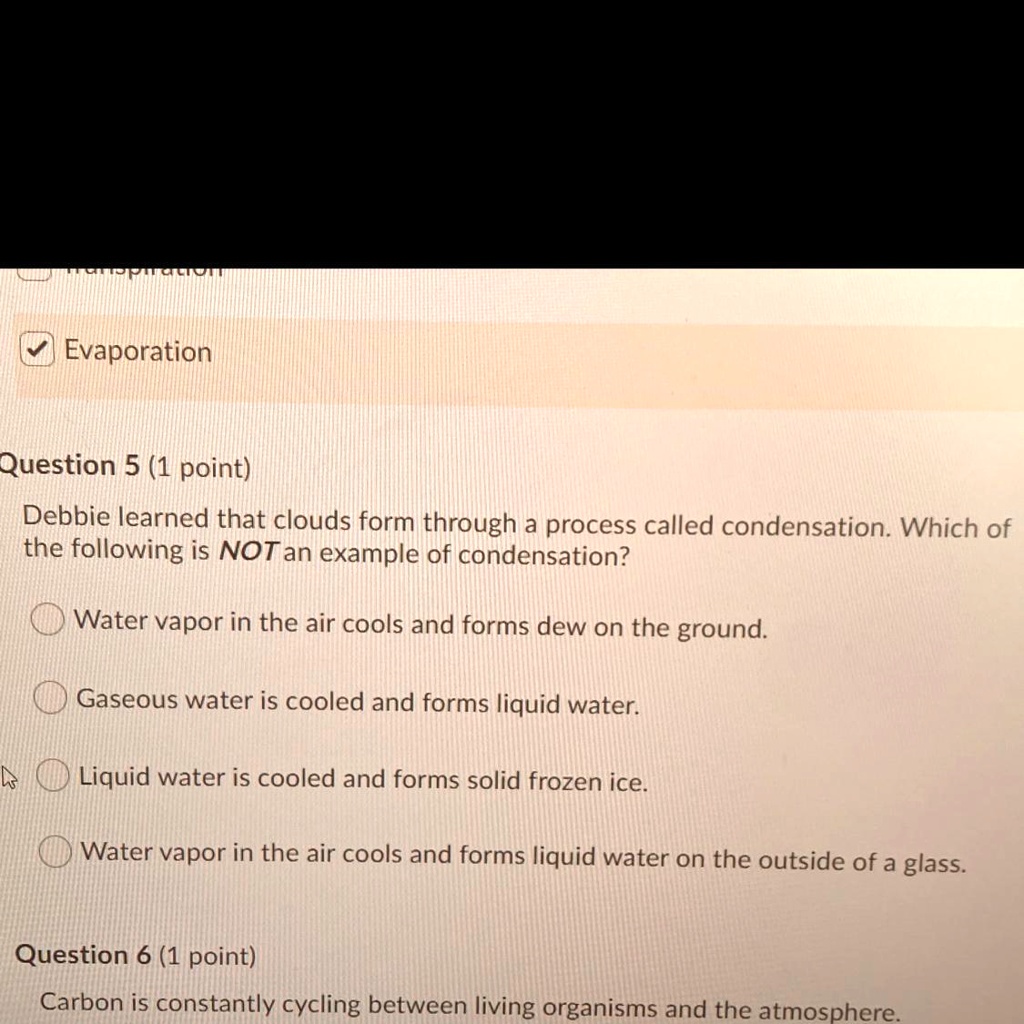 SOLVED: Which isn't an example? Evaporation Question 5 (1 point) Debbie ...