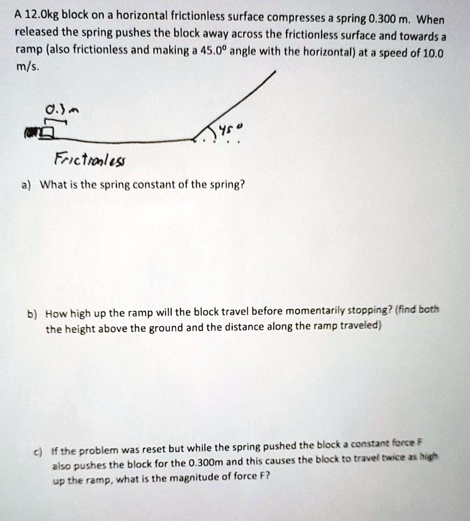 SOLVED: A 12.0 kg block on a horizontal frictionless surface compresses a spring 0.300 m. When ...