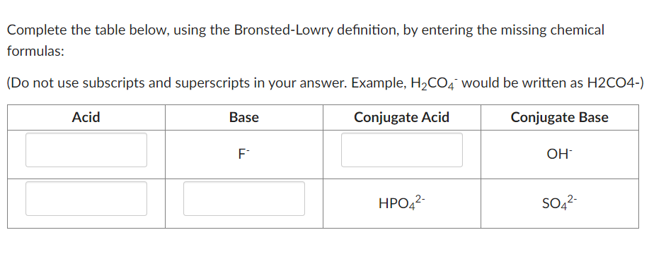 Get Answer Complete The Table Below Using The Bronsted Lowry Definition By Entering The 