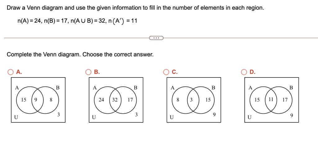 Draw a Venn diagram and use the given information to fill in the number of elements in each ...