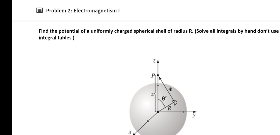 SOLVED: Problem 2: Electromagnetism I Find the potential of a uniformly charged spherical shell ...