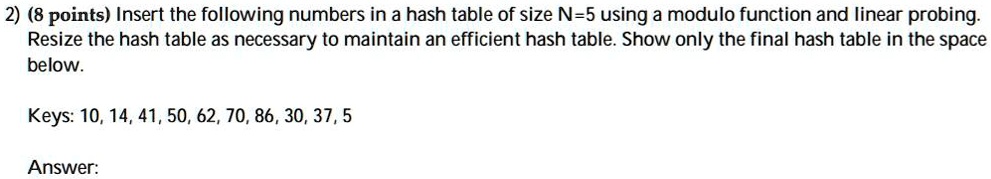 2 8 Points Insert The Following Numbers In A Hash Table Of Size N5 Using A Modulo Function