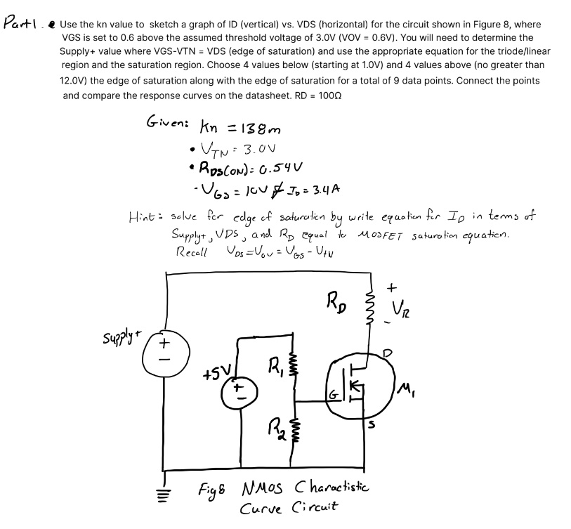 Part1. Use the kn value to sketch a graph of ID (vertical) vs. VDS ...
