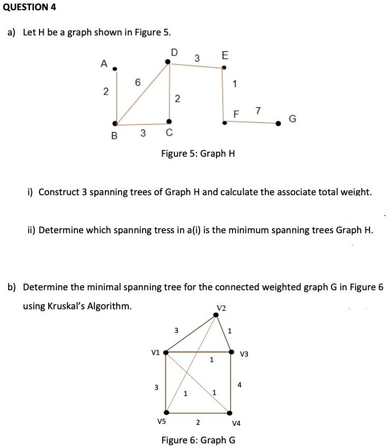 QUESTION 4 a) Let H be a graph shown in Figure 5. D E 3 A 6 1 2 2 F 7 G B 3 C Figure 5: Graph H ...