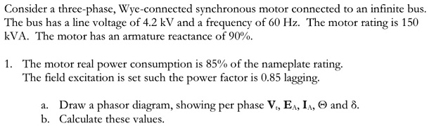 SOLVED: Consider a three-phase, Wye-connected synchronous motor connected to an infinite bus ...