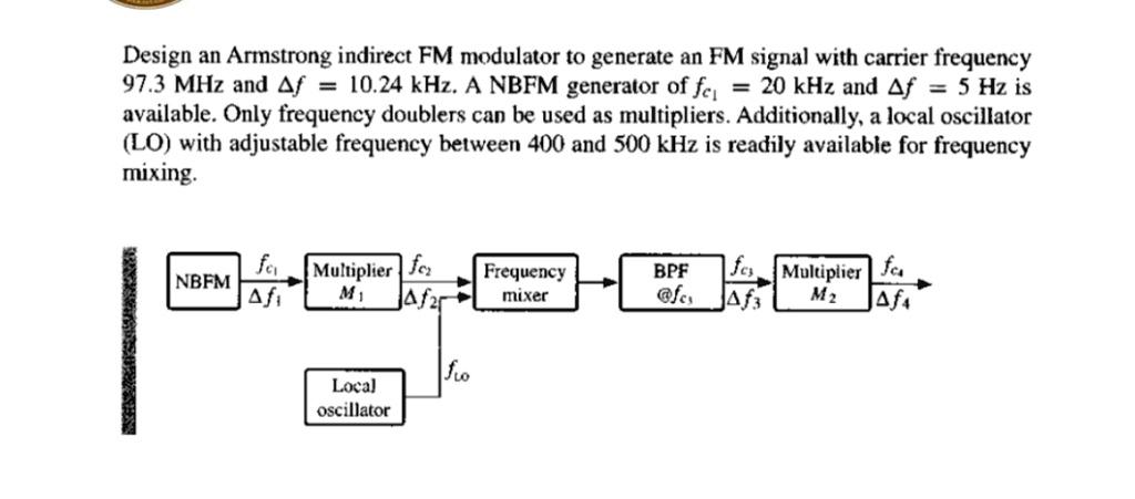 SOLVED: Design an Armstrong indirect FM modulator to generate an FM ... SOLVED: Design an Armstrong indirect FM modulator to generate an FM ...