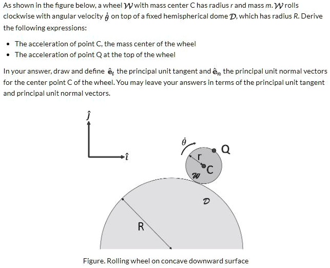 As shown in the figure below, a wheel 𝒲 with mass center C has radius r ...