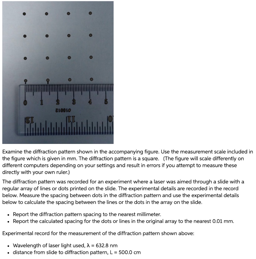 Examine the diffraction pattern shown in the accompanying figure. Use the measurement scale ...