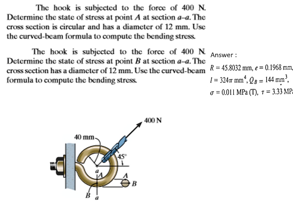 The hook is subjected to the force of 400 N. Determine the state of ...