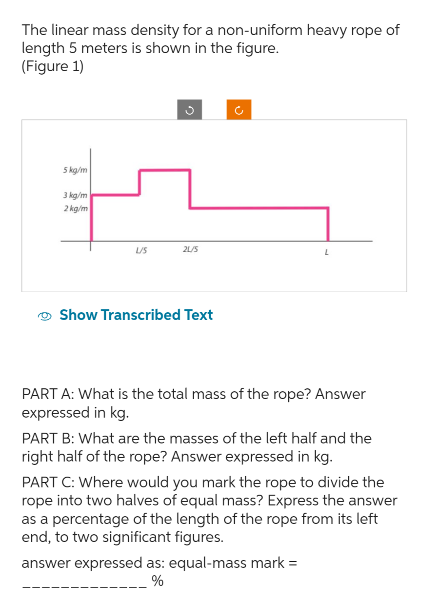 the linear mass density for a non uniform heavy rope of length 5 meters is shown in the figure ...