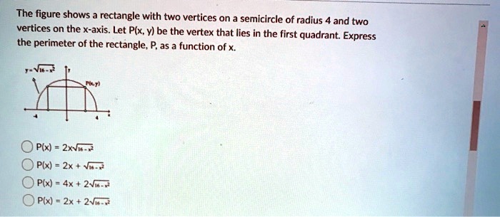 SOLVED: The figure shows a rectangle with two vertices on a semicircle of radius 4 and two ...