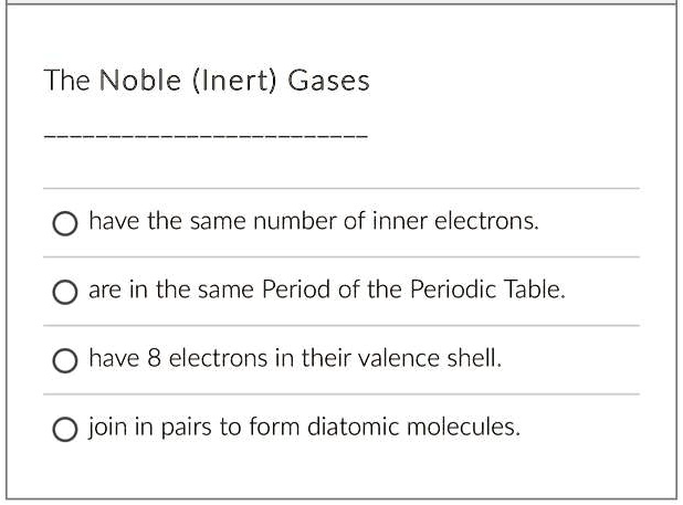 The Noble (Inert) Gases have the same number of inner electrons. are in ...