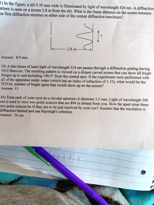 1) In the figure, a slit 0.30 mm wide is illuminated by light of ...