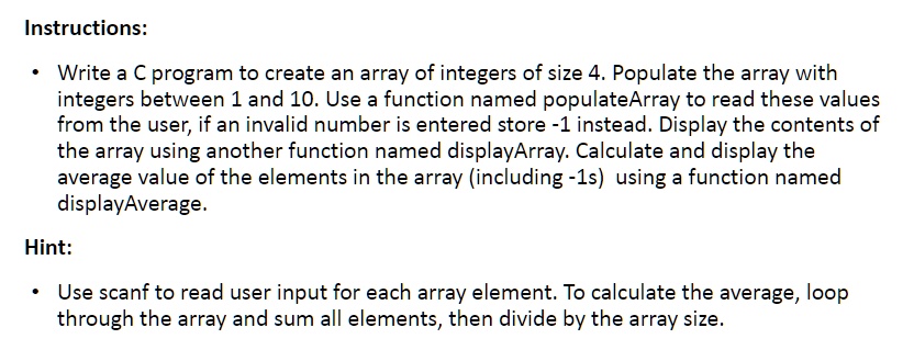 Texts Instructions Write A C Program To Create An Array Of Integers