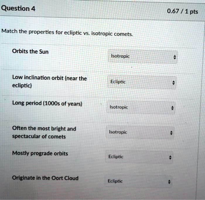 SOLVED: Match the properties for ecliptic vs. isotropic comets: Orbits ...