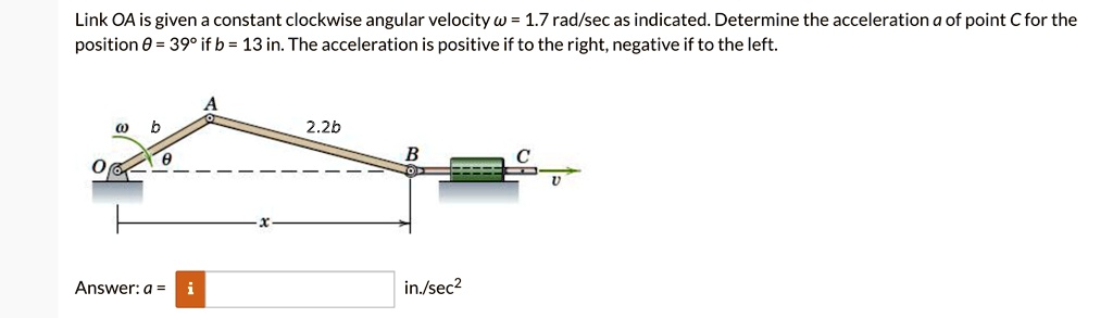SOLVED: Link OA is given a constant clockwise angular velocity w = 1.7 rad/sec as indicated ...