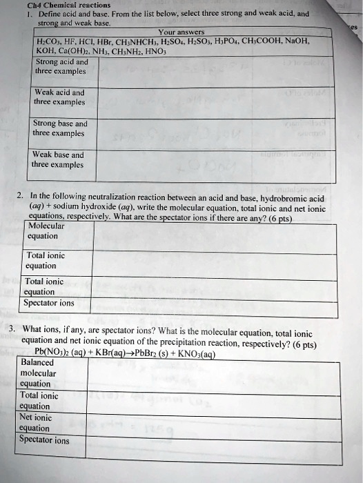 SOLVED: Ch4 Chemical reactions [Jeline acid and pse From the list below ...