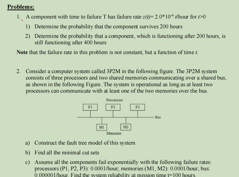 SOLVED: Problems: 1. A component with time to failure T has failure rate z(t)=2.0 * 10^-6 t/hour ...