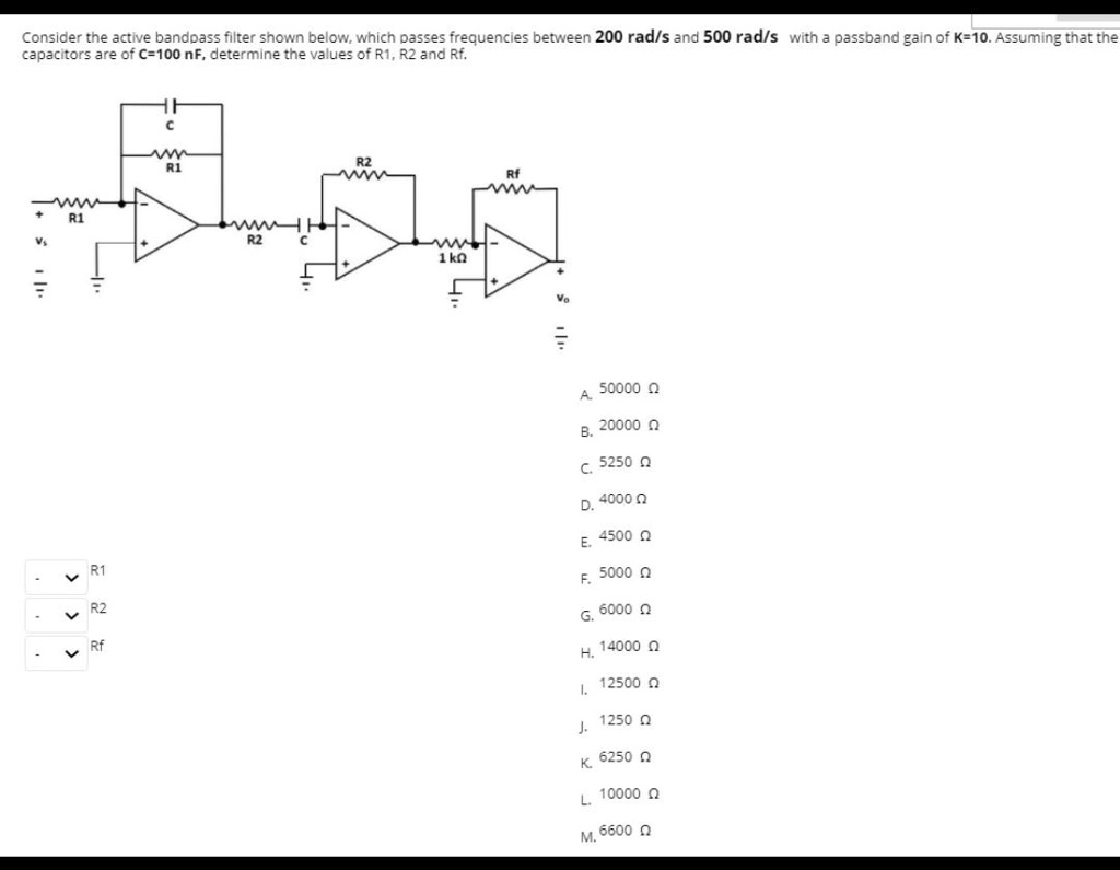 Consider the active bandpass filter shown below, which passes frequencies between 200 rad/s and ...