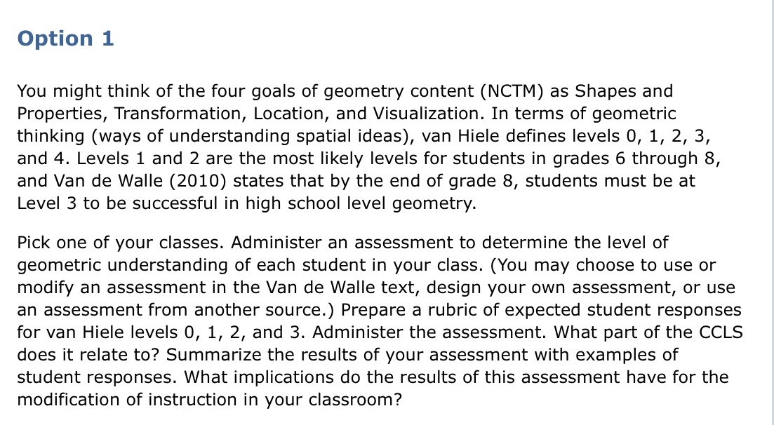 SOLVED: Option 1 You might think of the four goals of geometry content ...