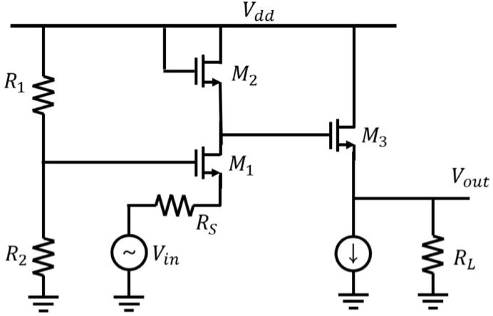 SOLVED: This circuit consists of a common gate, source follower, and ...