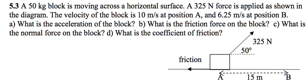 SOLVED: 5.3 A 50 kg block is moving across a horizontal surface. A 325 N force is applied as ...