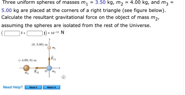Three uniform spheres of masses m1 = 3.50 kg, m2 = 4.00 kg, and m3 = 5.00 kg are placed at the ...