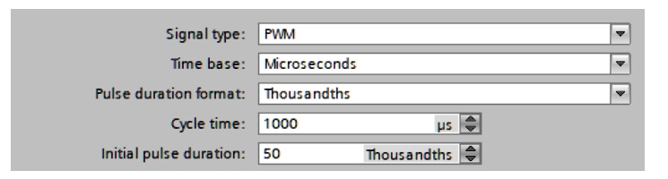 Signal type: PWM Time base: Microseconds Pulse duration format: Thousandths Cycle time: 1000 ?s ...