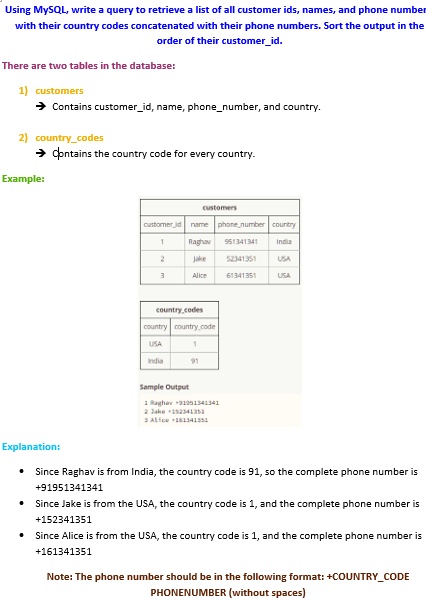 Solved Using Mysql Write A Query To Retrieve A List Of All Customer Ids Names And Phone 8383