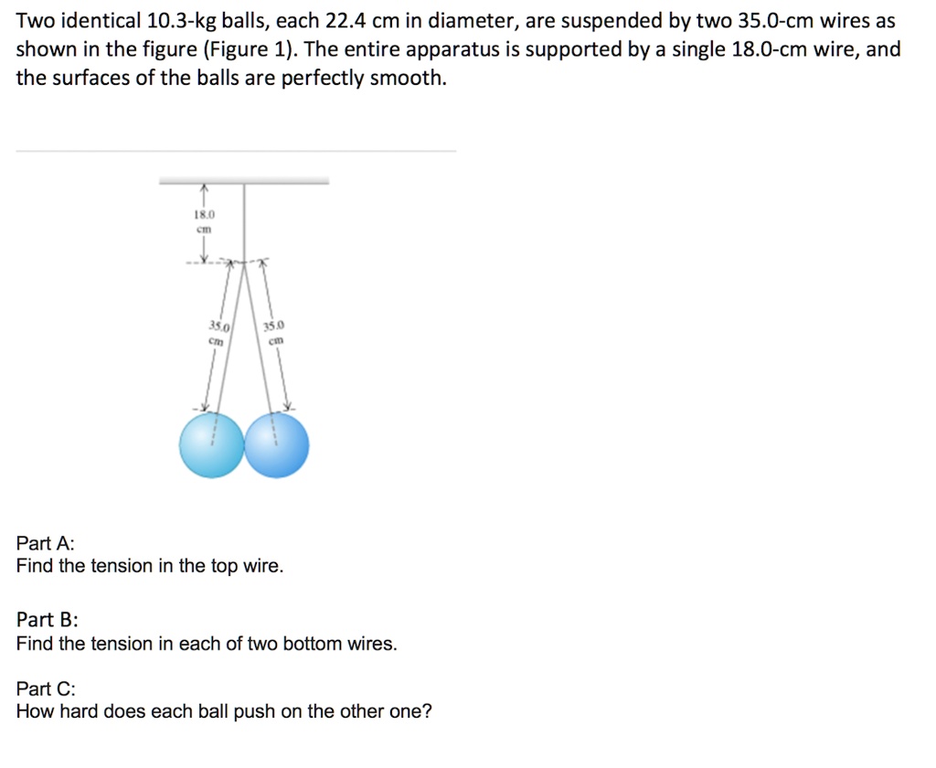 two identical 103 kg balls each 224 cm in diameter are suspended by two ...