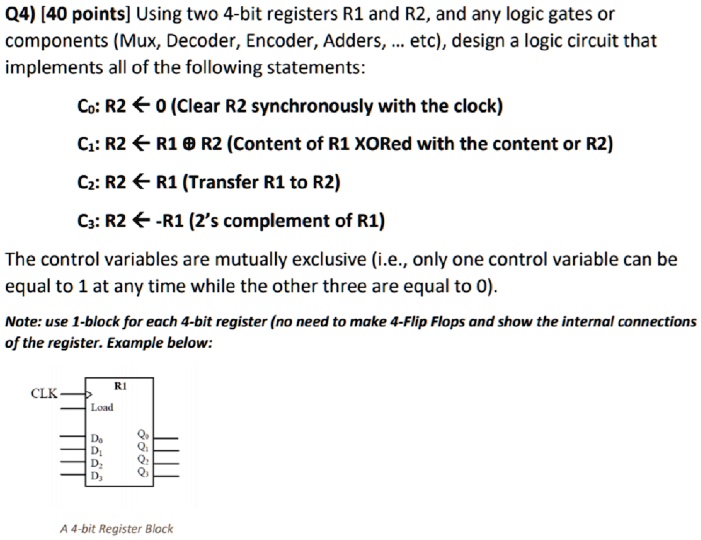 SOLVED: Q4 [40 points] Using two 4-bit registers R1 and R2, and any ...