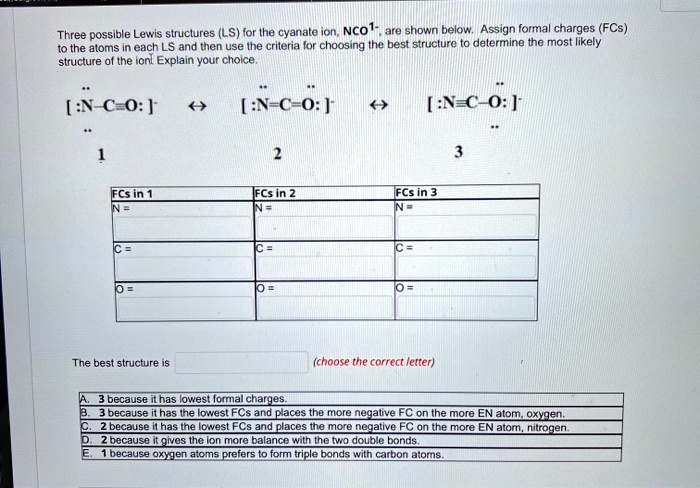 Three possible Lewis structures (LS) for the cyanate ion, NCO-, are ...