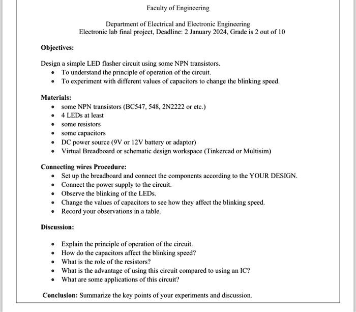 SOLVED: (plesase show the setup on tinkercad)Faculty of Engineering Department of Electrical and ...