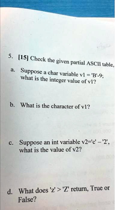5 15 Check The Given Partial Ascii Table A Suppose A Char Variable V1 B 9 What Is The