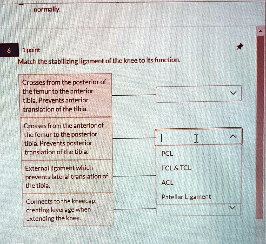 1 point Match the stabilizing ligament of the knee to its function ...
