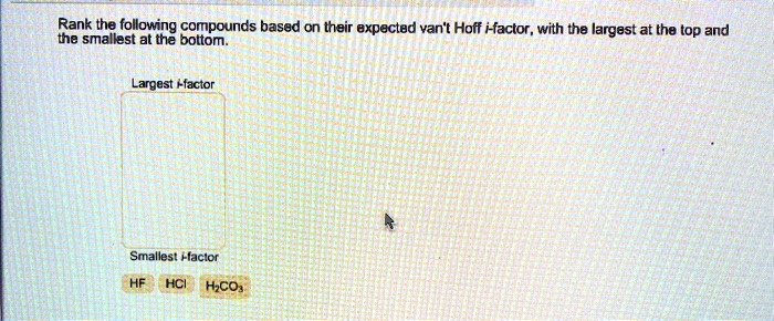 SOLVED: Rank the following compounds based on their expected van"t Hoff Hactor, with the largest ...