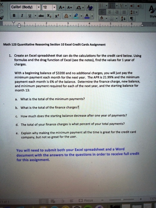 Math 123 Quantitative Reasoning Section 10 Excel Credit Cards ...