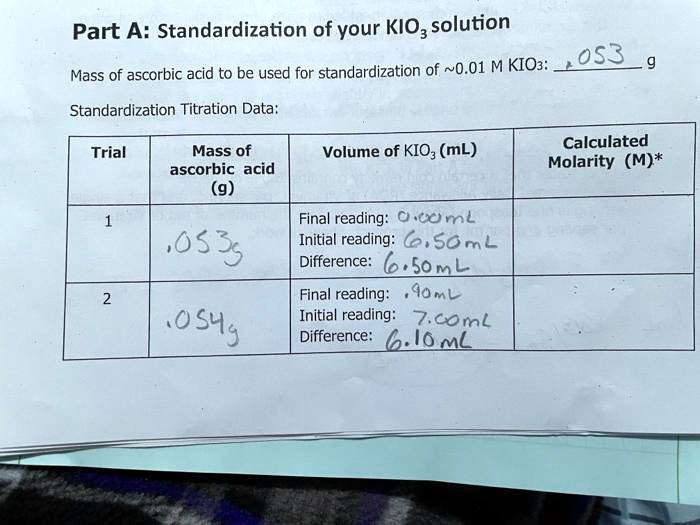 SOLVED: Part A: Standardization of your KIO; solution 053 Mass of ascorbic acid to be used for ...
