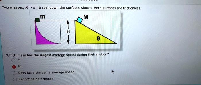 two masses m travel down the surfaces shown both surfaces are frictionless which mass has the ...