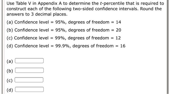 Use Table V in Appendix A to determine the t-percentile that is required to construct each of ...