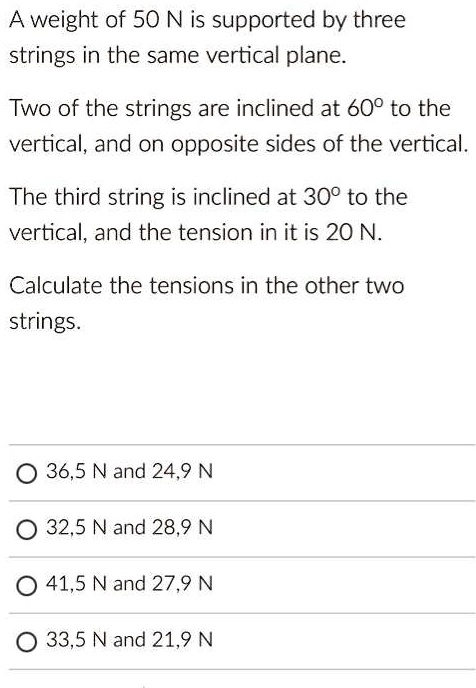 SOLVED: A weight of 50N is supported by three strings in the same vertical plane. Two of the ...