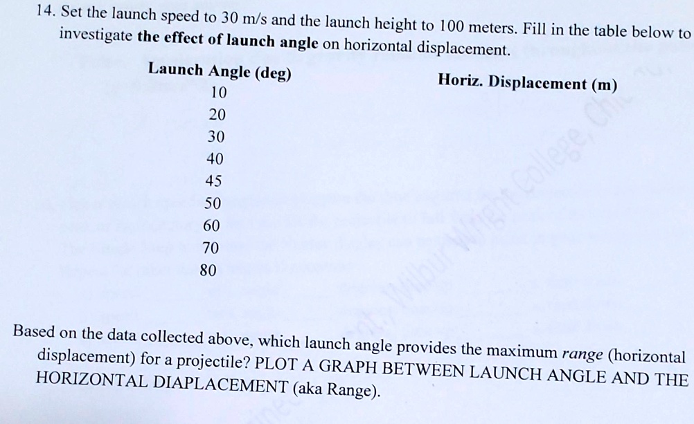 14. Set the launch speed to 30 m/s and the launch height to 100 meters ...
