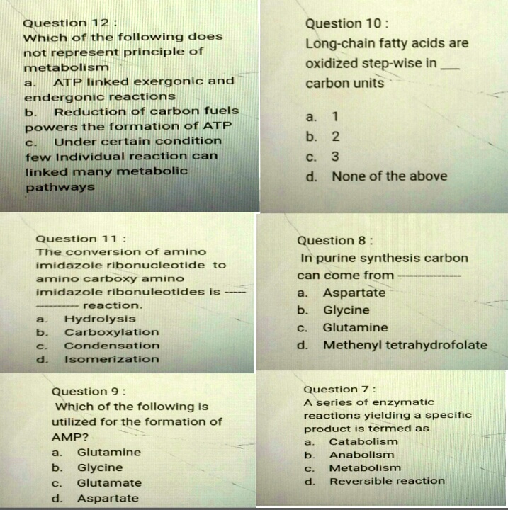 SOLVED: Metabolism Question: Which of the following does not represent ...