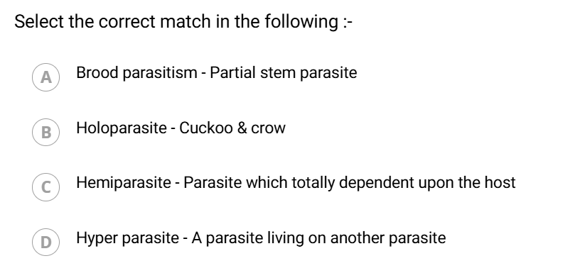 select the correct match in the following a brood parasitism partial ...