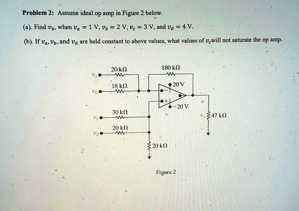 Problem 2: Assume ideal op amp in Figure 2 below. (a). Find vo, when va = 1 V, vb = 2 V, vc = 3 ...