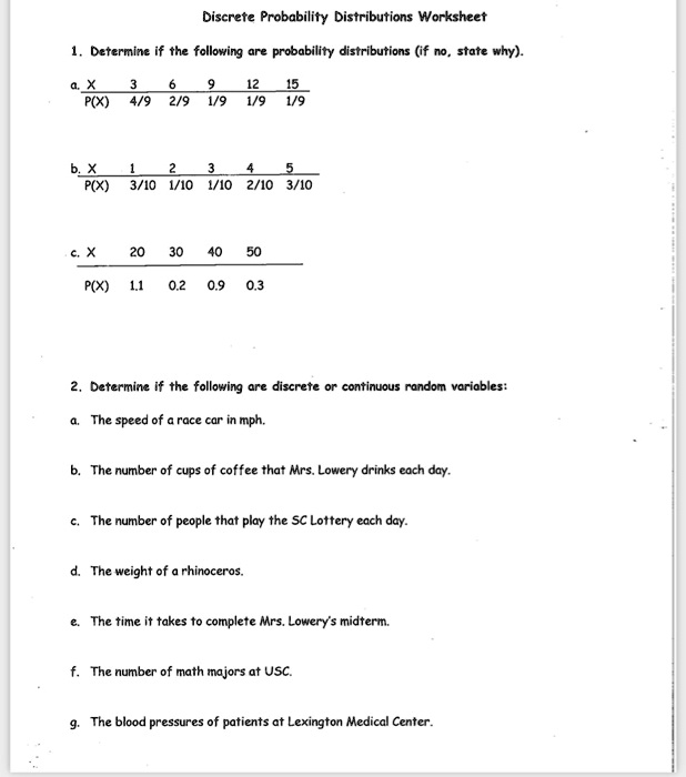 SOLVED: Discrete Probability Distributions Worksheet Determine if the ... SOLVED: Discrete Probability Distributions Worksheet Determine if the ...