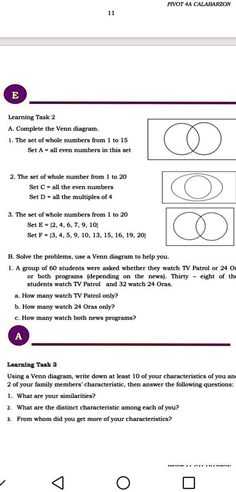 SOLVED: "pakisagot po plss plss PIVOT 4A CALABARZON Learning Task 2 Complete the Venn diagram ...