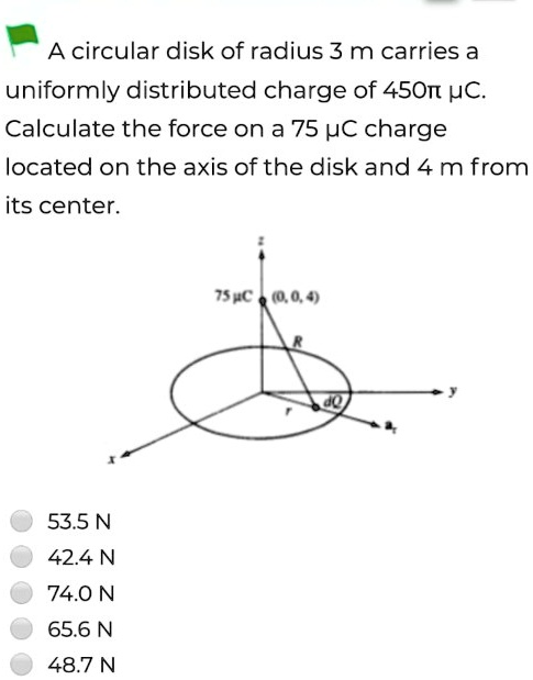SOLVED: A circular disk of radius 3 m carries a uniformly distributed charge of 450 nC ...