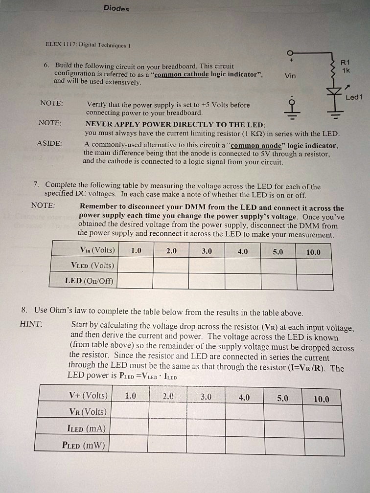 SOLVED: Text: Diodes ELEX 1117: Digital Techniques 1 6. Build the ...